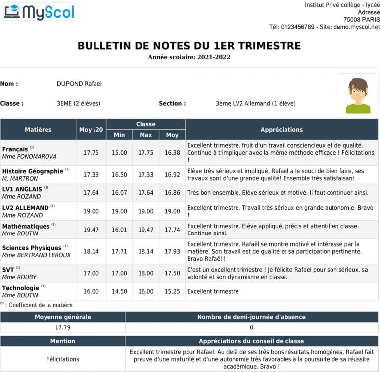 Le bulletin scolaire ou bulletin de notes