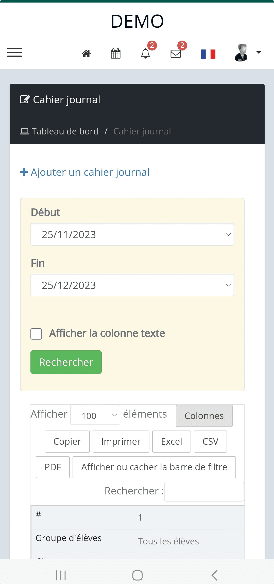 Cahier de journal numérique en ligne pour enseignant